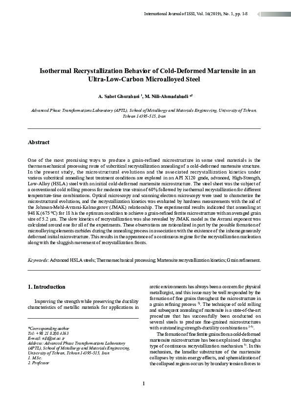 (PDF) Isothermal Recrystallization Behavior of Cold-deformed Martensite in an Ultra-low-carbon ...