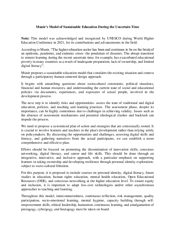 (PDF) Munir's Model of Sustainable Education During the Uncertain Time