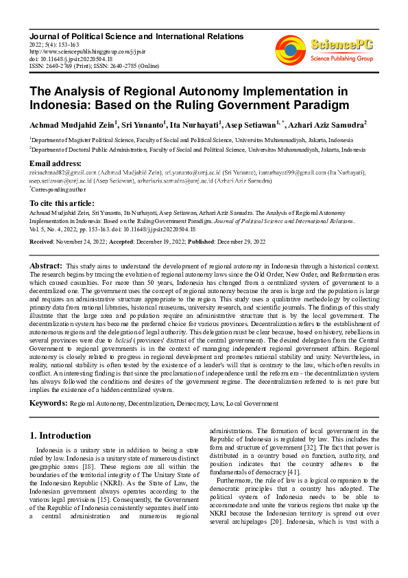 (PDF) The Analysis of Regional Autonomy Implementation in Indonesia ...