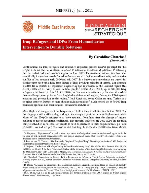 (PDF) Iraqi Refugee and IDPs: from Humanitarian Intervention to Durable ...