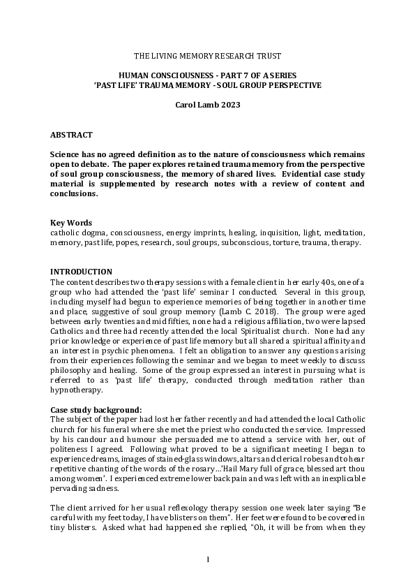 (PDF) HUMAN CONSCIOUSNESS PART 7 OF A SERIES 'PAST LIFE TRAUMA MEMORY ...