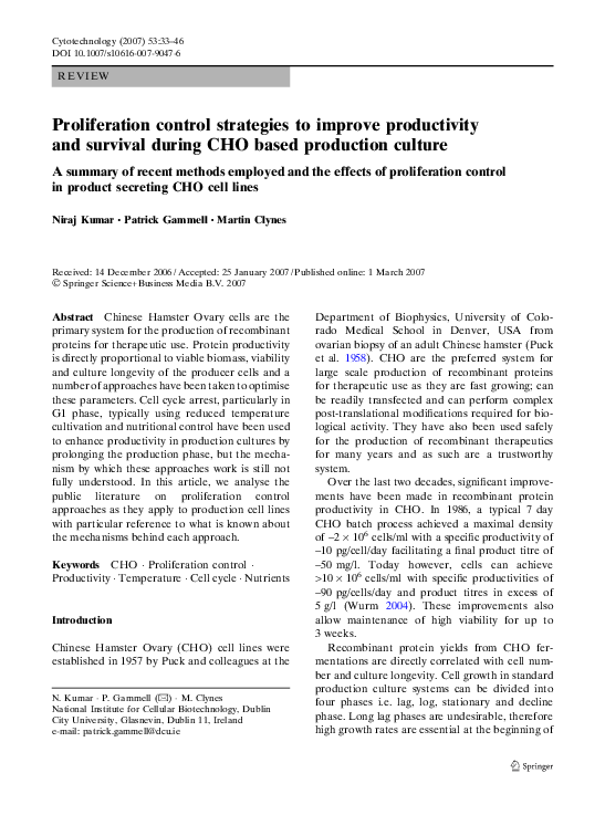 (PDF) Proliferation control strategies to improve productivity and ...