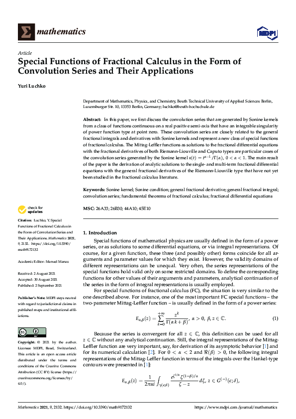 Pdf Special Functions Of Fractional Calculus In The Form Of Convolution Series And Their