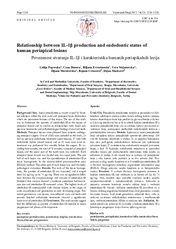 (PDF) Relationship between IL-1β production and endodontic status of ...