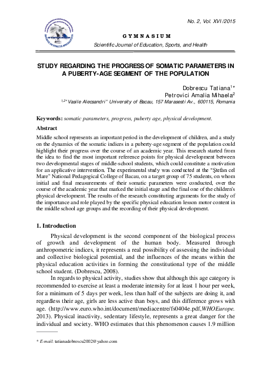 (PDF) Study Regarding the Progress of Somatic Parameters in a Puberty ...
