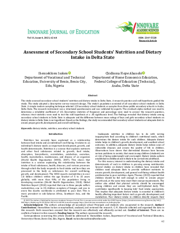 (PDF) Assessment of Secondary School Students’ Nutrition and Dietary ...