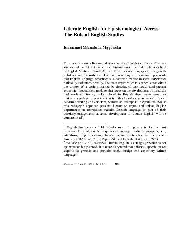 (PDF) Literate English for Epistemological Access : The Role of English Studies