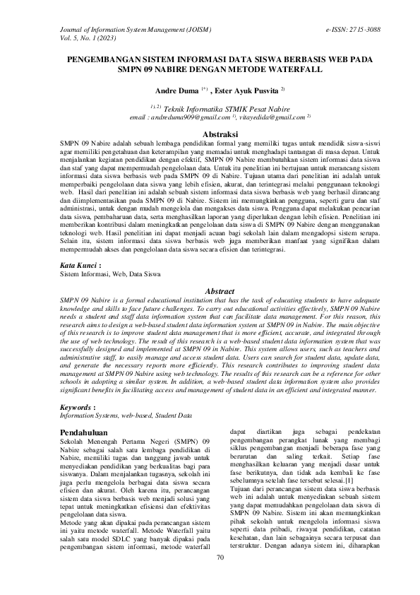 (PDF) Pengembangan Sistem Informasi Data Siswa Berbasis Web Pada SMPN 09 Nabire Dengan Metode ...