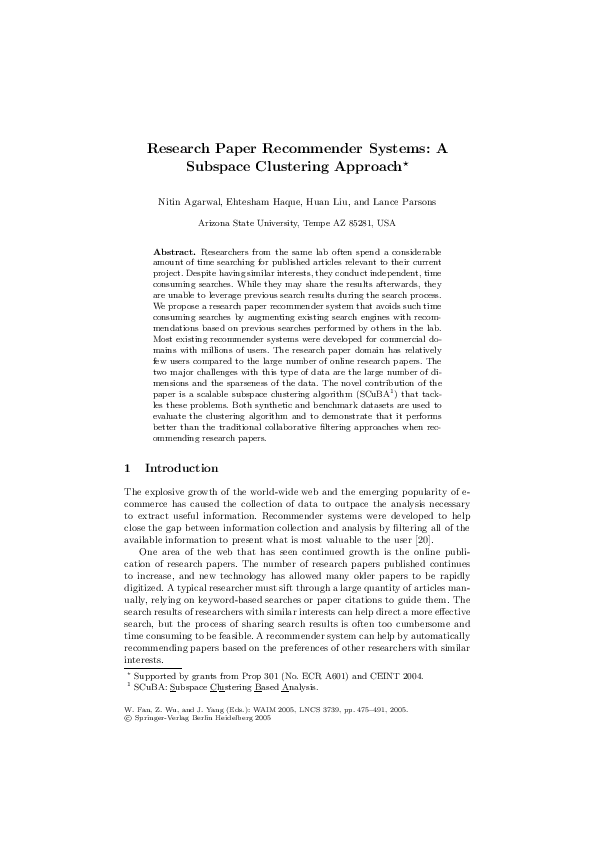 (PDF) Scalable Subspace Clustering for Research Paper Recommendations