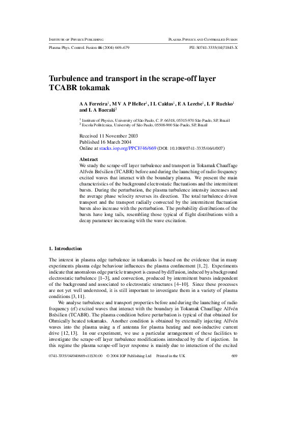 (PDF) Turbulence and transport in the scrape-off layer TCABR tokamak