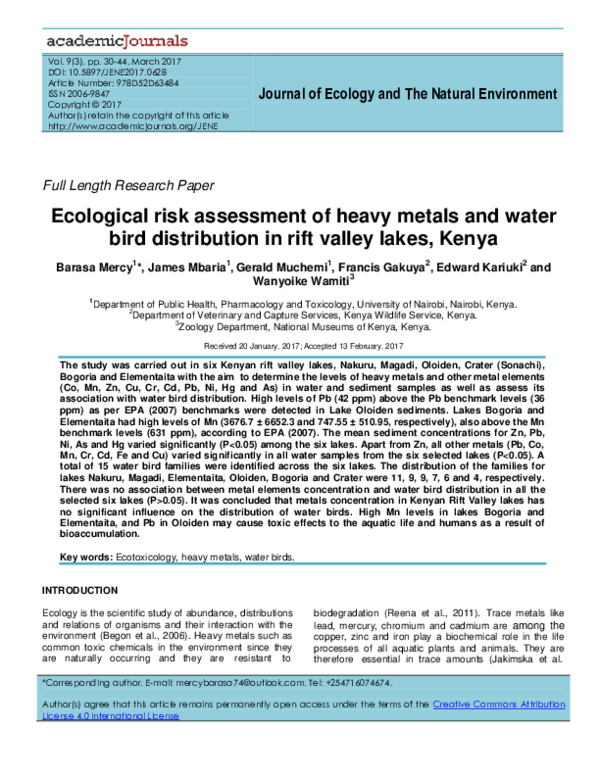 (PDF) Ecological risk assessment of heavy metals and water bird ...