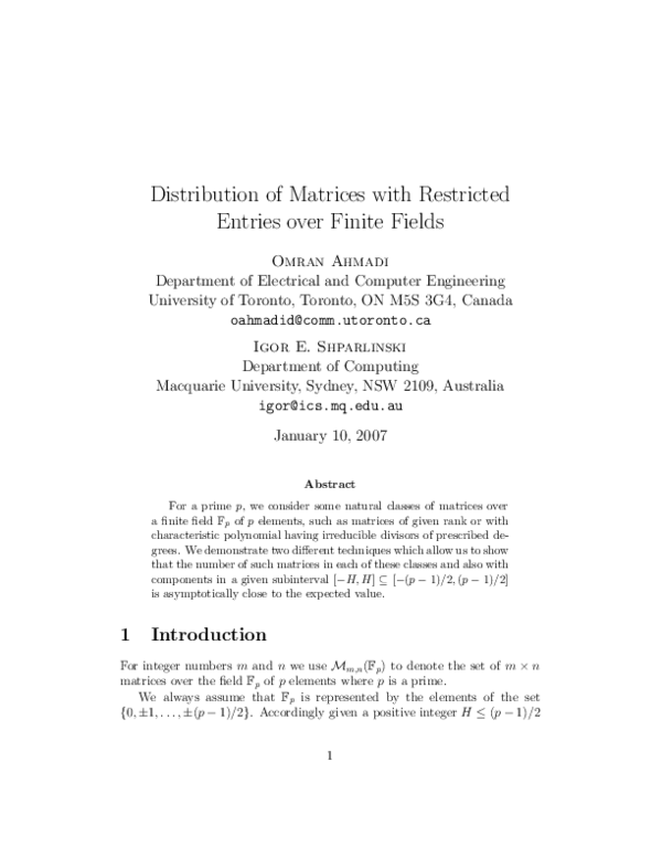 (PDF) Distribution of matrices with restricted entries over finite fields