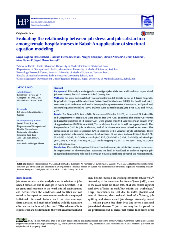 (PDF) Evaluating the relationship between job stress and job satisfaction among female hospital ...