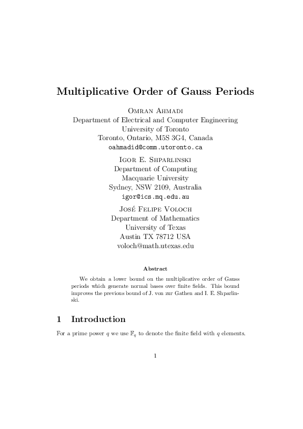 (PDF) Multiplicative Order of Gauss Periods