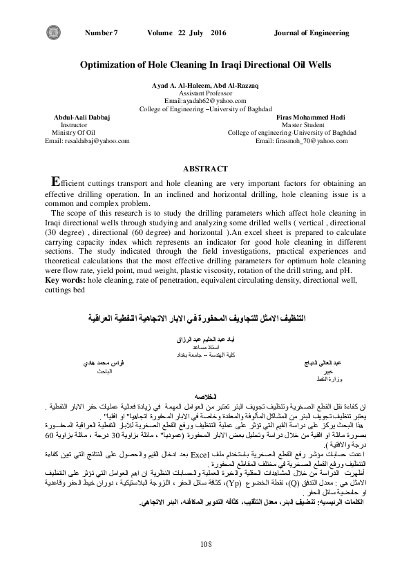 Pdf Optimization Of Hole Cleaning In Iraqi Directional Oil Wells