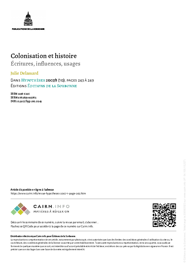 (PDF) Colonisation et histoire