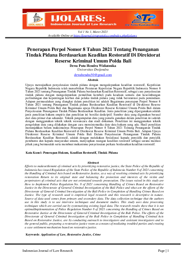 (PDF) Penerapan Perpol No. 8 Tahun 2021 Tentang Penanganan Tindak Pidana Berdasarkan Keadilan ...