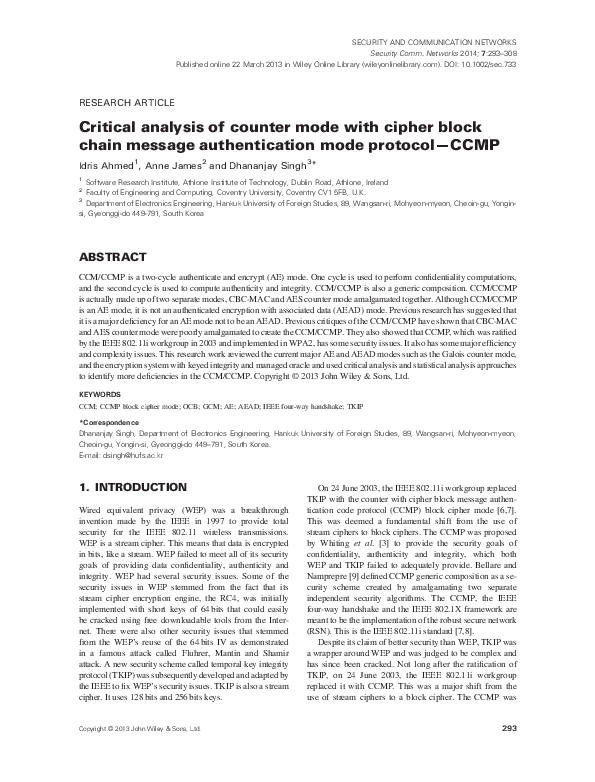 Pdf Critical Analysis Of Counter Mode With Cipher Block Chain Message Authentication Mode
