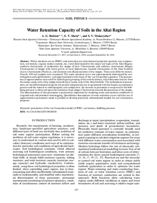 (PDF) Water Retention Capacity of Soils in the Altai Region