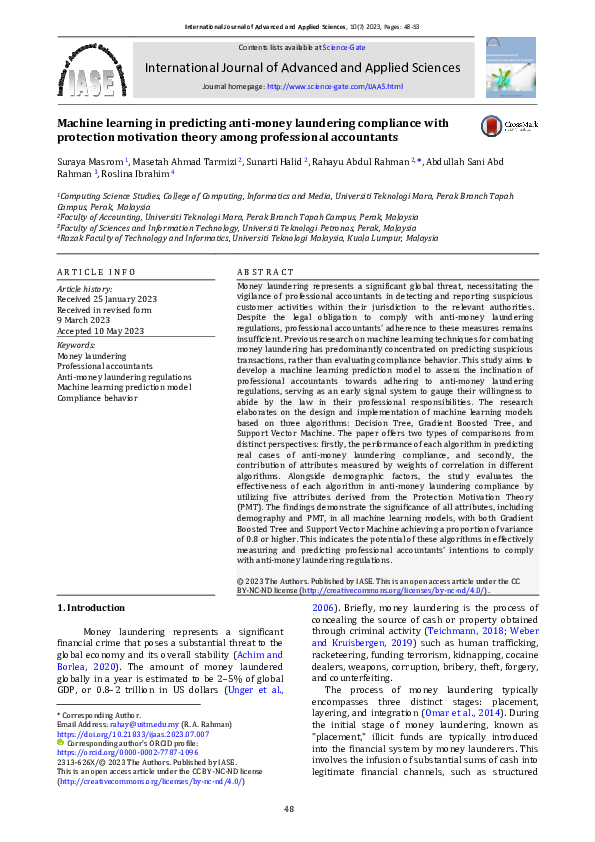 (PDF) Machine learning in predicting anti-money laundering compliance with protection motivation ...