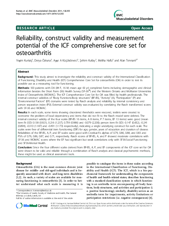 (PDF) Reliability, construct validity and measurement potential of the ICF comprehensive core ...