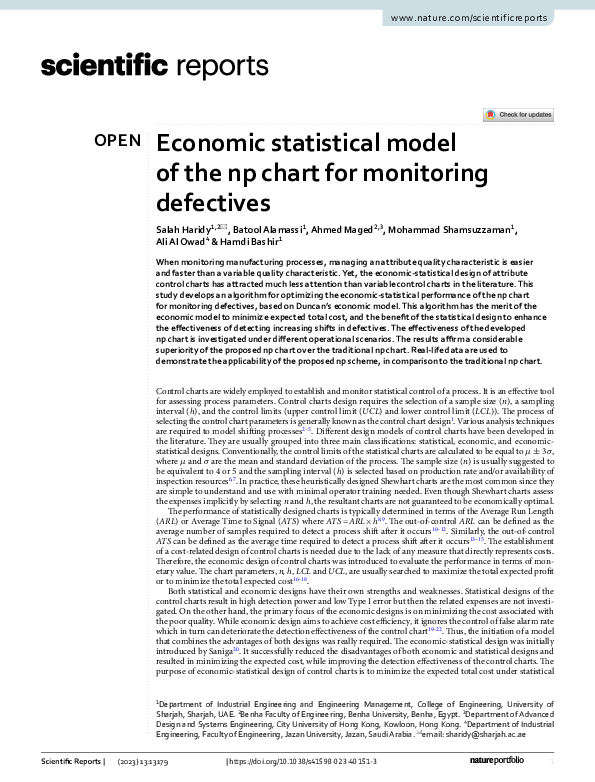 Pdf Economic Statistical Model Of The Np Chart For Monitoring Defectives