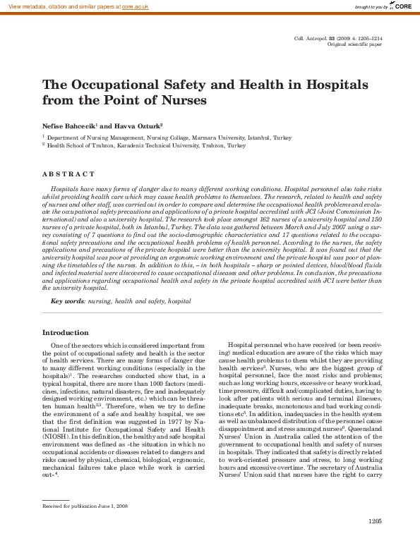 (PDF) The occupational safety and health in hospitals from the point of nurses
