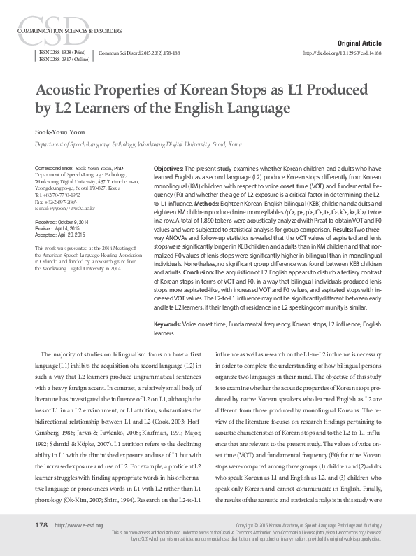 (PDF) Acoustic Properties of Korean Stops as L1 Produced by L2 Learners ...
