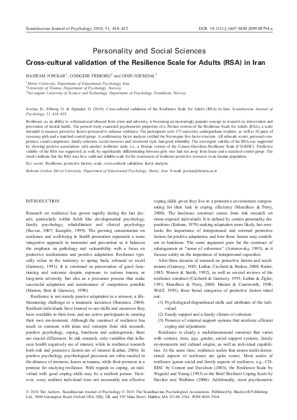 (PDF) Cross-cultural validation of the Resilience Scale for Adults (RSA ...
