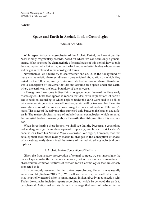 (PDF) Space and Earth in Archaic Ionian Cosmologies