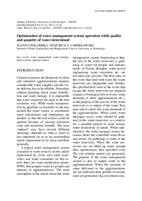 (PDF) Optimization of water management system operation while quality ...