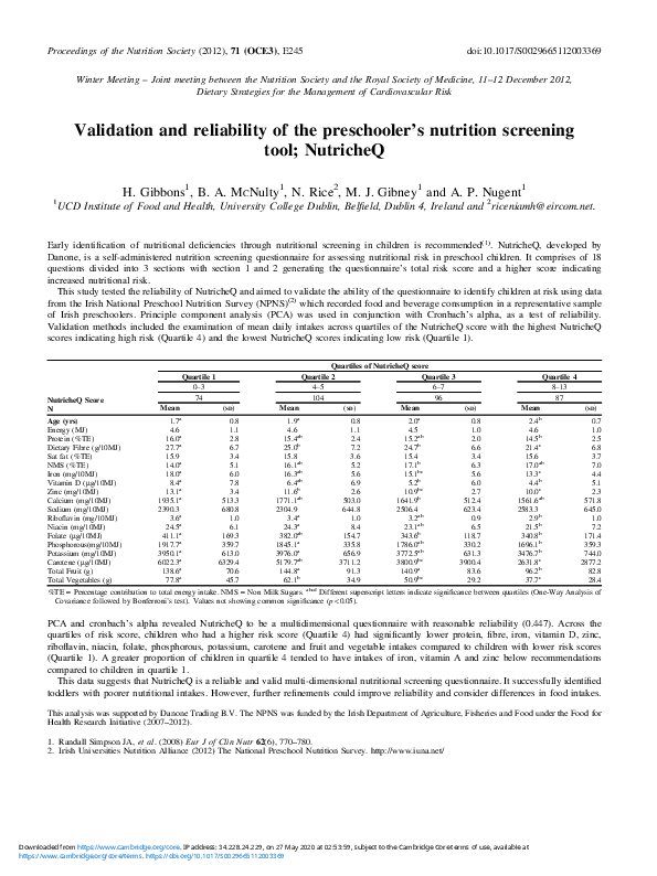 (PDF) Validation and reliability of the preschooler's nutrition ...