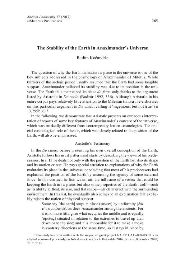 (PDF) The Stability of the Earth in Anaximander's Universe