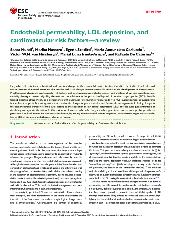 (PDF) Endothelial permeability, LDL deposition, and cardiovascular risk factors-a review