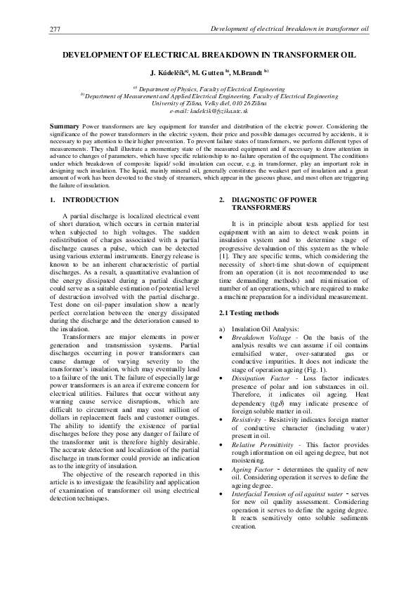 (PDF) Development of Electrical Breakdown in Transformer Oil