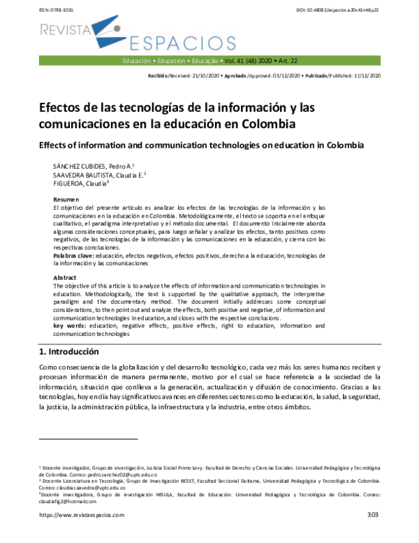 (PDF) Efectos de las tecnologías de la información y las comunicaciones en la educación en Colombia
