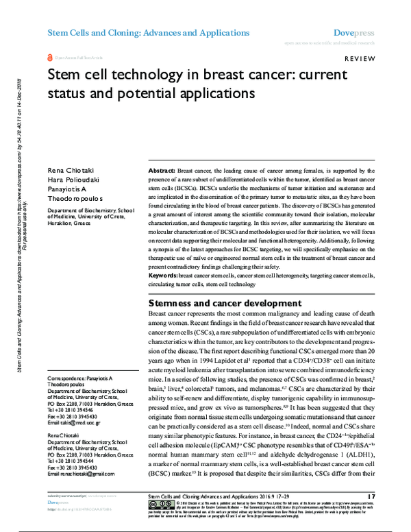 (PDF) Stem cell technology in breast cancer: current status and potential applications