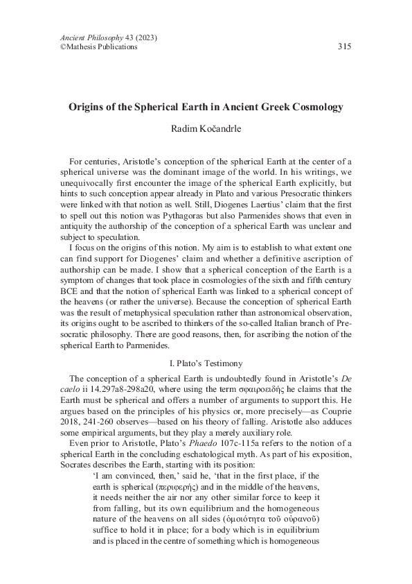(PDF) Origins of the Spherical Earth in Ancient Greek Cosmology
