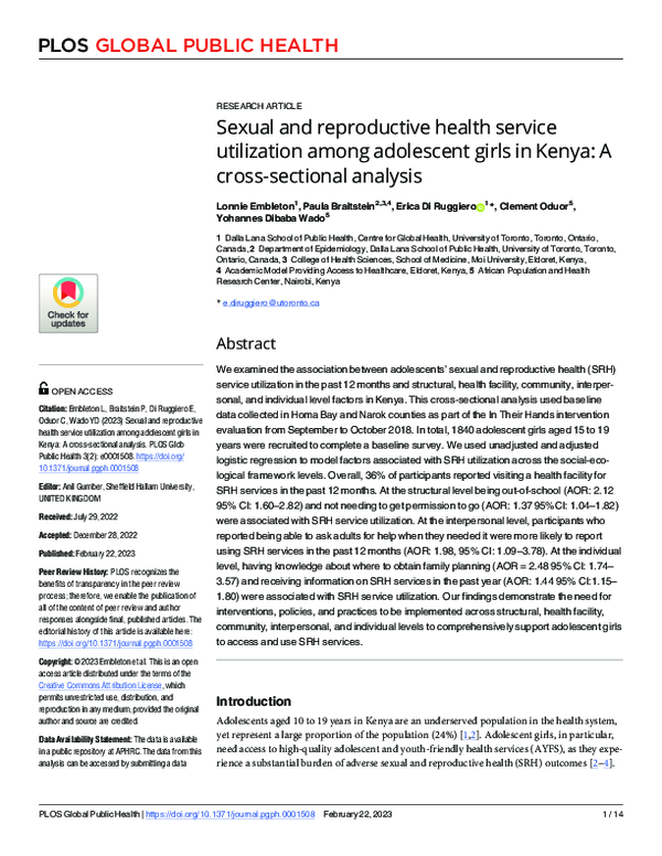 Pdf Sexual And Reproductive Health Service Utilization Among Adolescent Girls In Kenya A