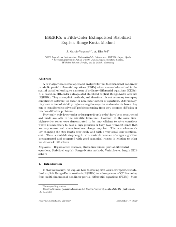 (PDF) ESERK5: A fifth-order extrapolated stabilized explicit Runge–Kutta method