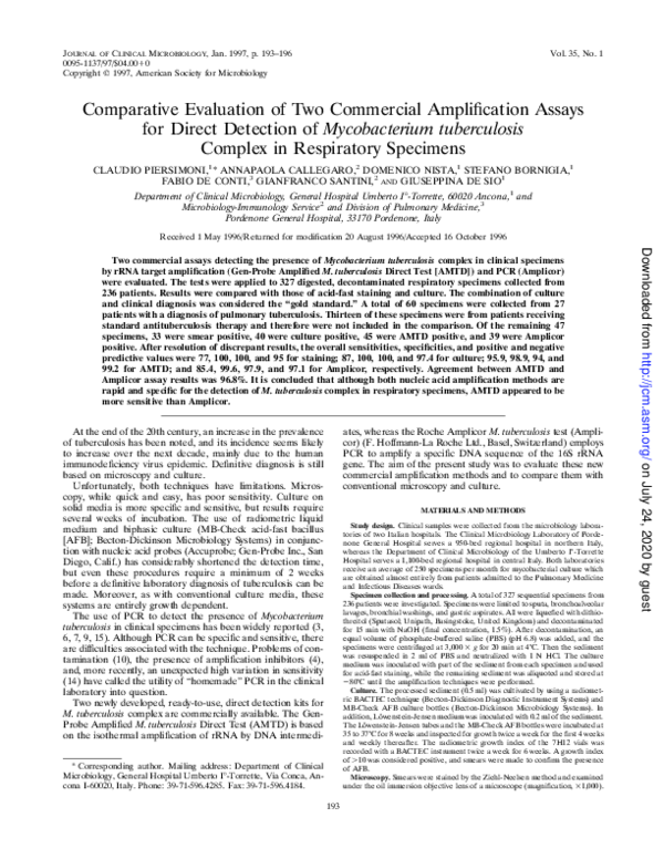 (PDF) Comparison of Two Assays for Detecting Mycobacterium Tuberculosis