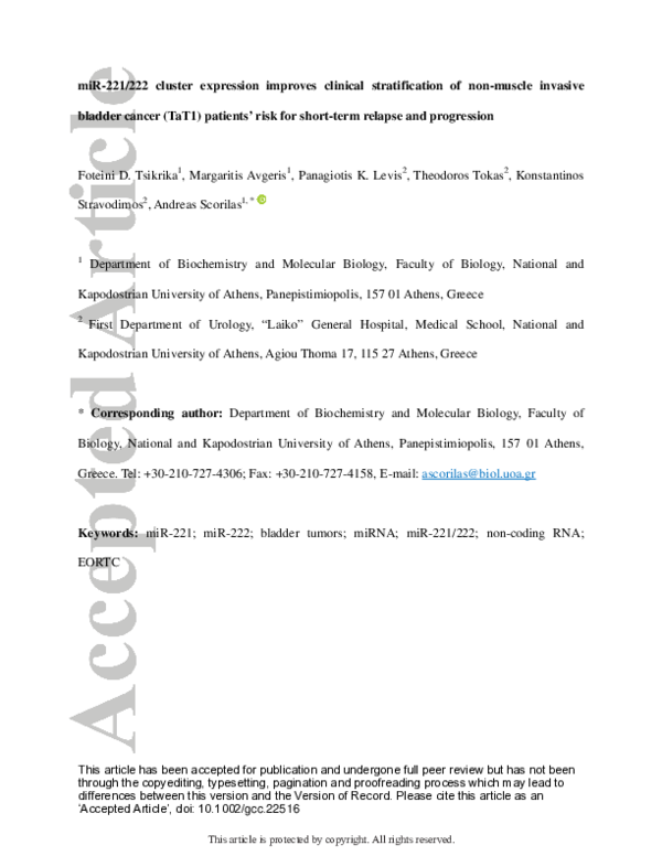 (PDF) miR-221/222 cluster expression improves clinical stratification of non-muscle invasive ...