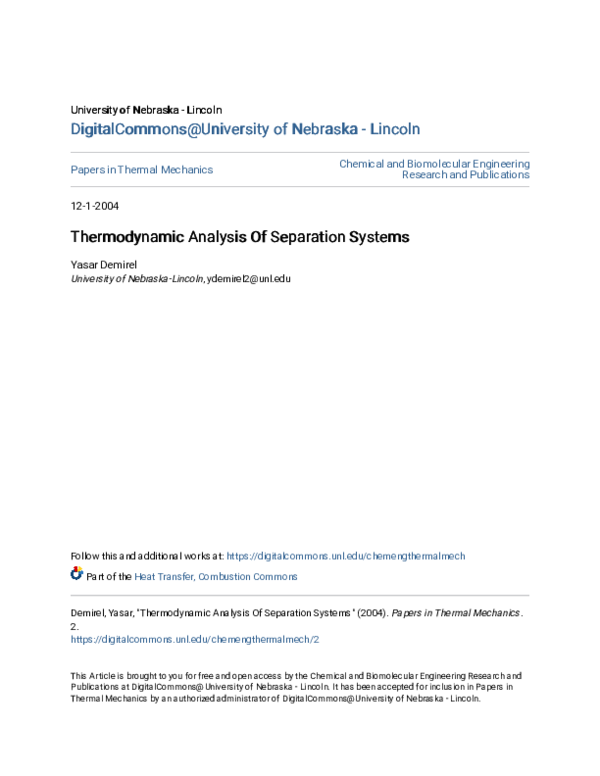 (PDF) Thermodynamic Analysis of Separation Systems
