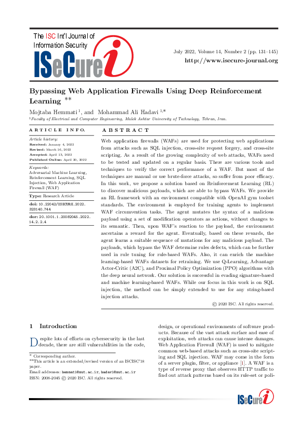 (PDF) Bypassing Web Application Firewalls Using Deep Reinforcement Learning (PDF) Bypassing Web Application Firewalls Using Deep Reinforcement Learning