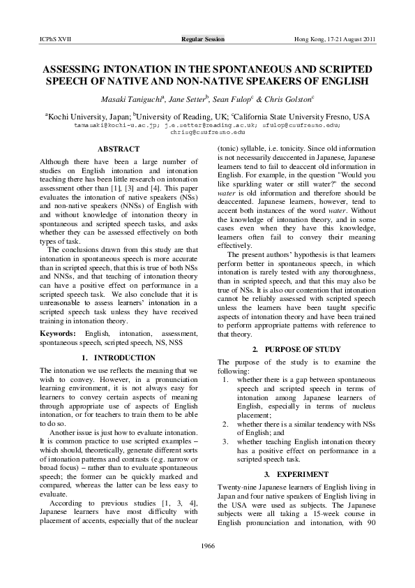 (PDF) Assessing Intonation in the Spontaneous and Scripted Speech of Native and Non-native ...