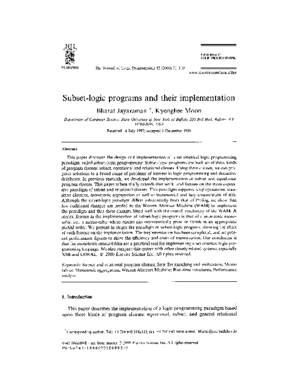 (PDF) Subset-logic programs and their implementation