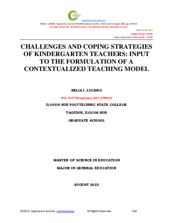 (PDF) CHALLENGES AND COPING STRATEGIES OF KINDERGARTEN TEACHERS: INPUT TO THE FORMULATION OF A ...