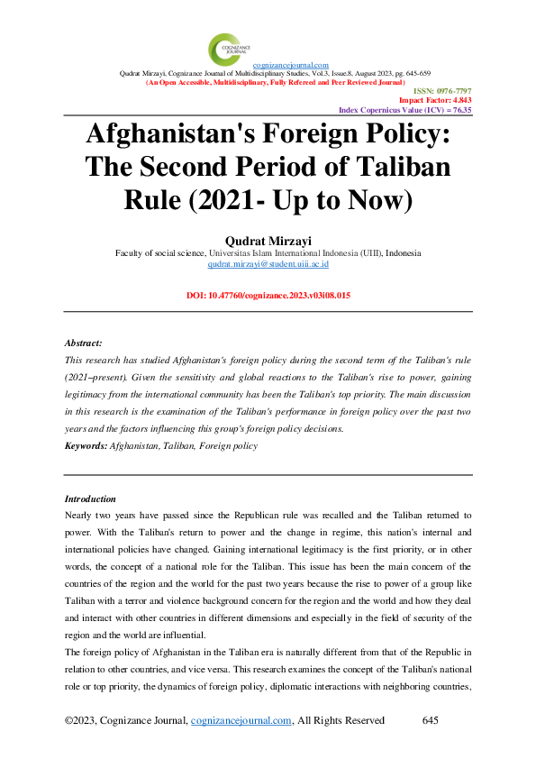 (PDF) Afghanistan's Foreign Policy: The Second Period of Taliban Rule ...