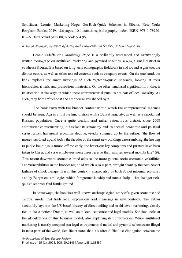 (PDF) BOOK REVIEW OF Schiffauer, Leonie. Marketing Hope: Get-Rich-Quick ...