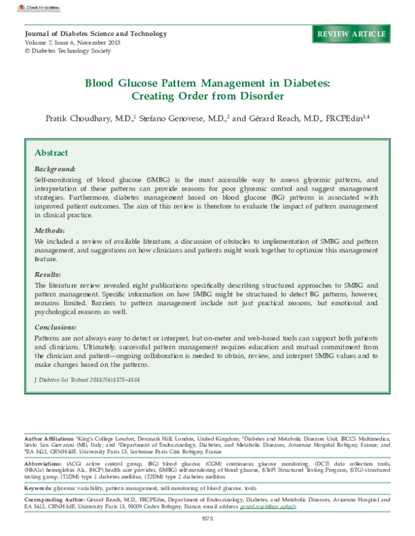 (PDF) Blood glucose pattern management in diabetes: creating order from ...